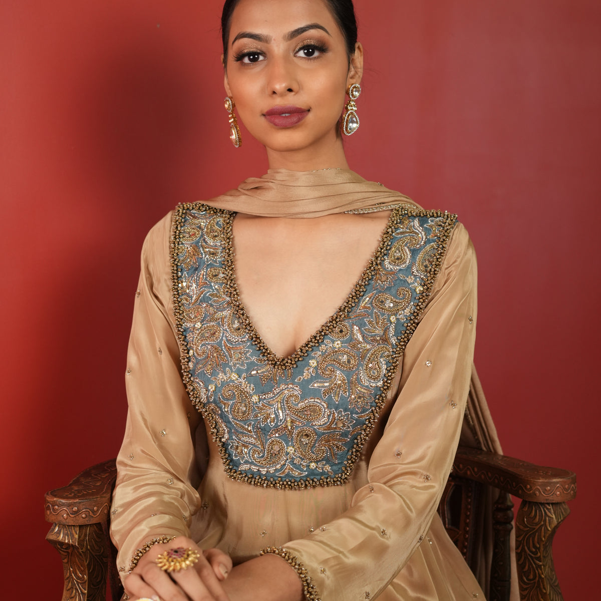 Soft Gold Dress With Teal Blue Patch – Enamour by Radhha