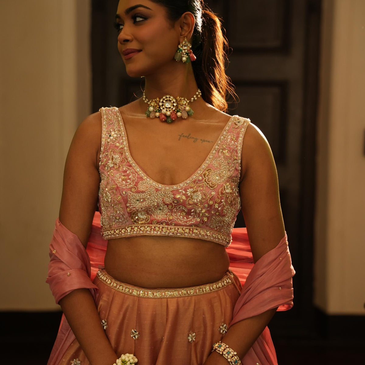 Champagne Pink (Gold Zari Self Buttie) Lehenga – Enamour by Radhha