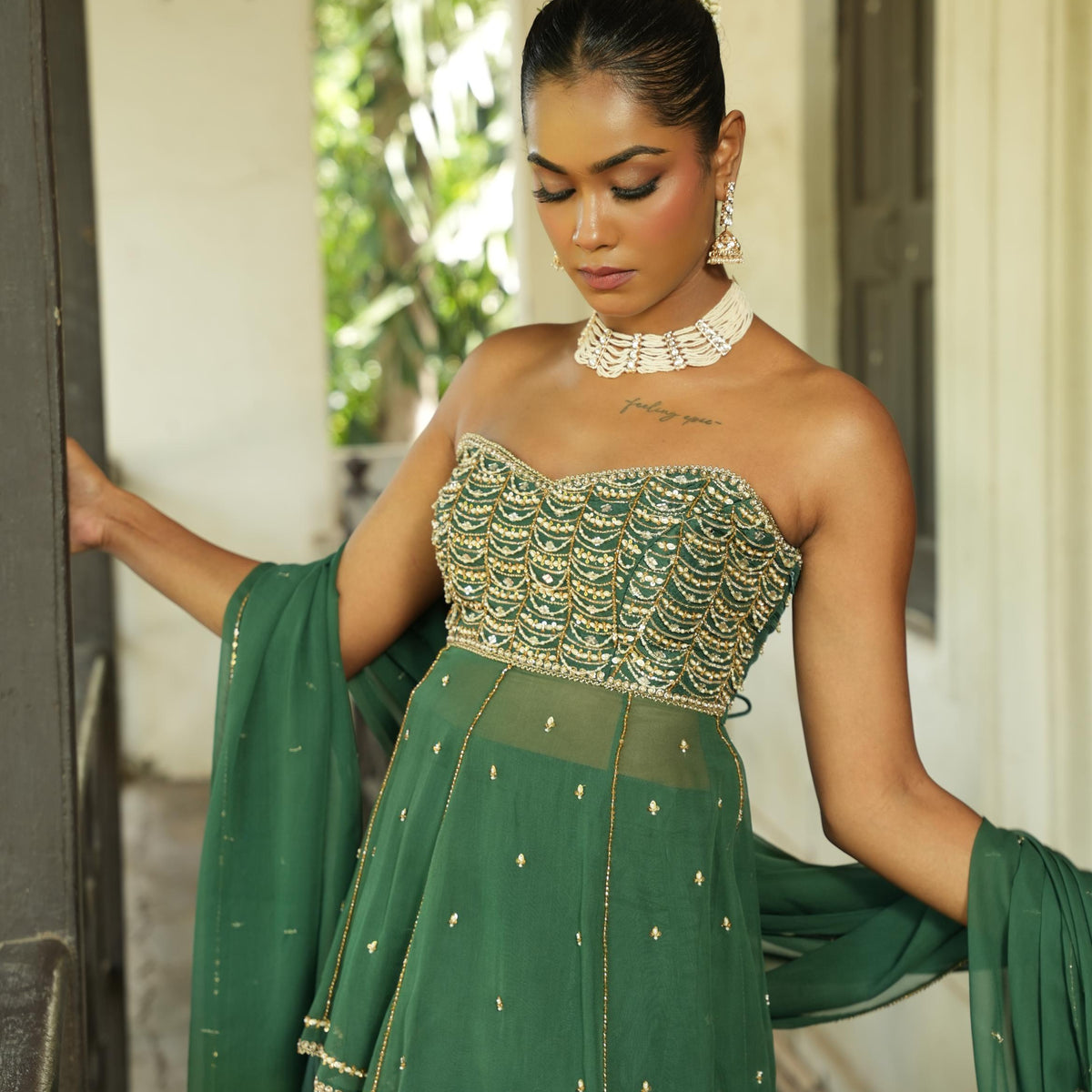 Deep Green (StrapLess) Sharara Set – Enamour by Radhha