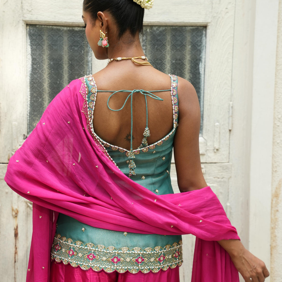 Peacock Blue (Zari) - Hot Pink Sharara Set – Enamour by Radhha