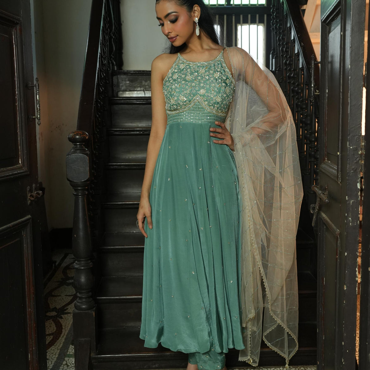 Sage Green (Strap InCut) Anarkali with Pants And Off White Duppata ...