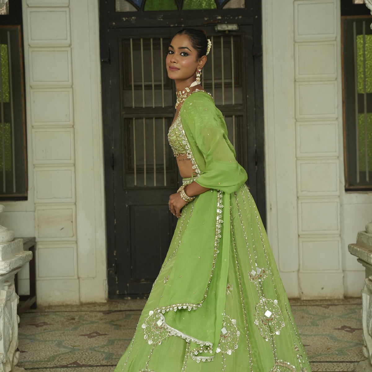 Pista Green Zari Lehenga – Enamour by Radhha